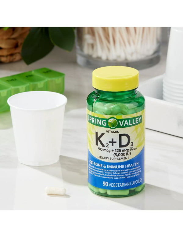 Spring Valley Vitamina K2 (90 mcg) + D3 (125 mcg) Cápsulas vegetariana ...